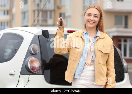 Mature woman with key near car outdoors Stock Photo - Alamy