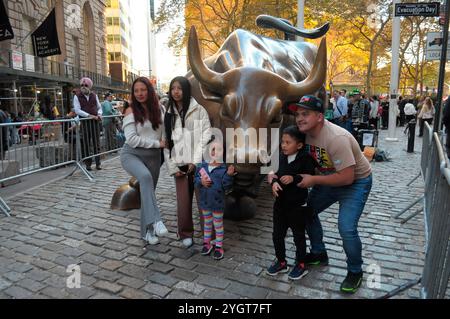 People take photos by the "Charging Bull" statue in the Financial District in Manhattan, New ...