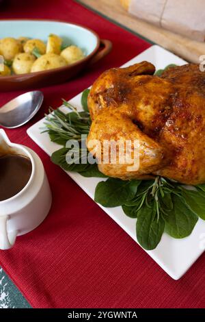 Roasted chicken with herbs, Cooking time Stock Photo - Alamy