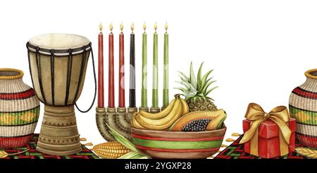 Kwanzaa seamless border of Kinara with unity cup and wrapped gifts ...