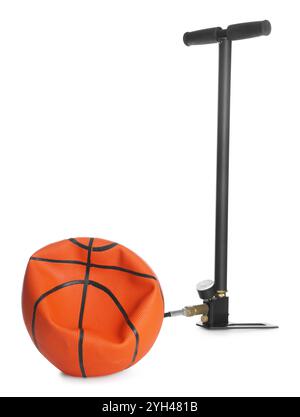Deflated basketball ball and manual air pump isolated on white Stock ...