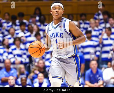 Duke guard Caleb Foster (1) brings the ball up court past the SMU mid ...