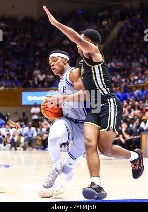 November 8, 2024: Duke guard Caleb Foster (1) brings ball up the court ...