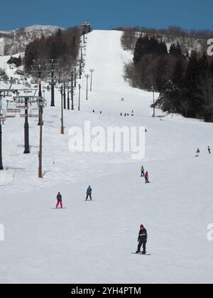 Skiers and snowboarders on the slopes of Togari Onsen resort in Nagano ...