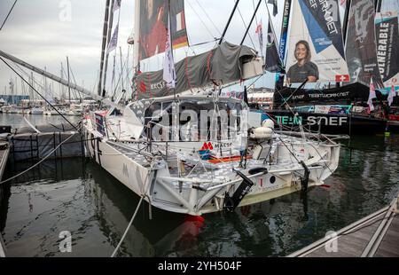 Isabelle Joschke boat (MACSF) on the Vendee Globe 2024 pontoon on ...