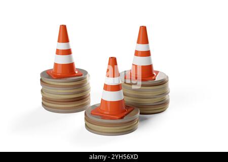 Three coin stacks with traffic cones over white background, money ...