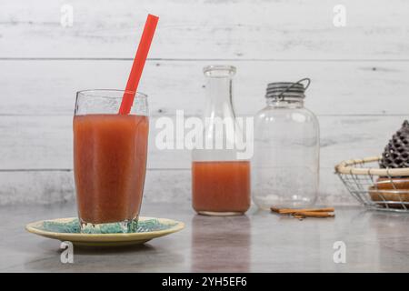 Strawberry Banana Probiotics Juiice in Glass with straw Stock Photo - Alamy