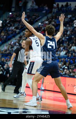 UConn center Tarris Reed Jr. (5) reacts in the first half of an NCAA ...