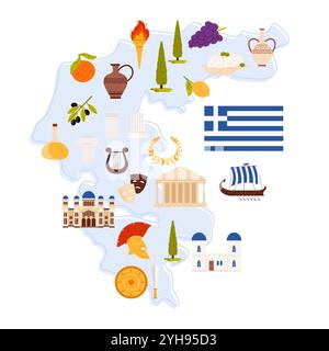 Welcome to Greece, culture and history elements set. Old buildings of ...