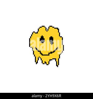 Pixel art melting smiley face. Dripping yellow smiley in retro ...