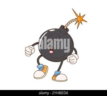 Groovy retro cartoon bomb character with funky face and happy smile ...