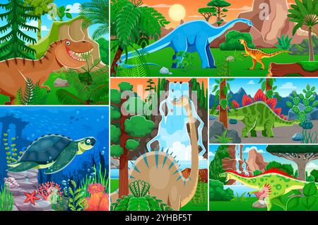 Prehistoric dinosaur and reptile characters collage of Jurassic era ...