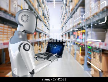 Automation warehouse concept with 3d rendering cyborg and robotic carts work in warehouse Stock ...