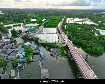 Aerial landscape of Pak Nam Prasae estuary in Rayong, Thailand. Fishing ...