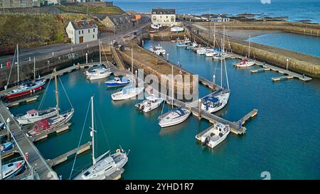 Banff Aberdeenshire Scotland Quayside Road harbour walls small beach ...