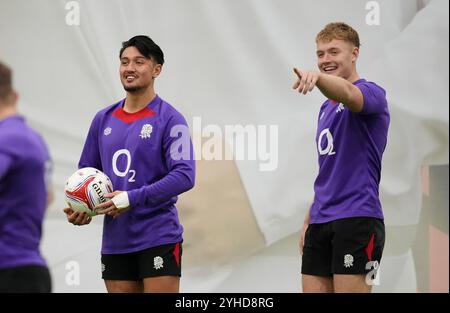 England's Fin Smith and Marcus Smith during a training session at LNER ...