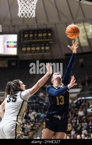 Notre Dame forward Kate Koval (13) shoots ober Stephen F. Austin guard ...