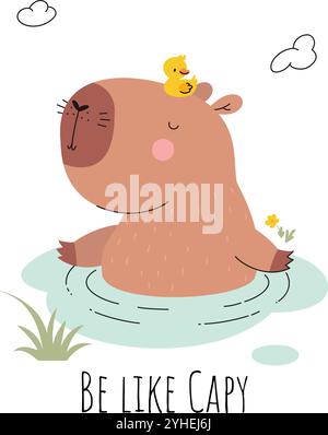 Cute capybara character. Exotic rodent in sunglasses. Hand drawn vector ...