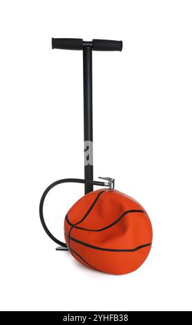 Deflated basketball ball and manual air pump isolated on white Stock ...