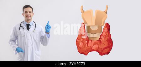 Male endocrinologist and drawn thyroid gland on light background Stock ...