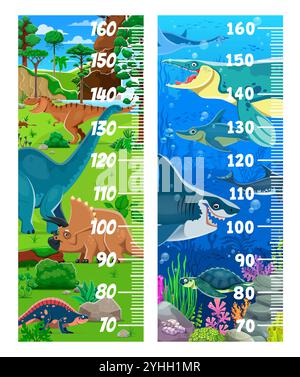 Kids height chart ruler with prehistoric dinosaurs. Vector growth meter ...