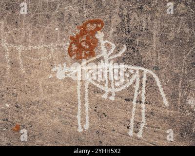 Close up view of petroglyph man carved in stone in Karelia, Russia ...