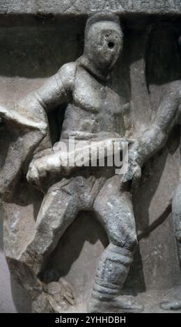 Gladiators. Relief showing a fight between a secutor (shied, short ...