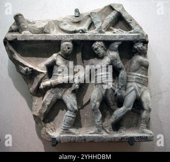 Gladiator fight in an ancient Roman colosseum. One gladiator on the ...