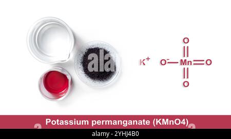 Potassium permanganate (KMnO4) with chemical structure , a common ...