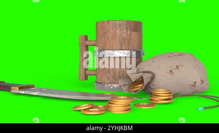 golden coin and wine mug with green background Stock Photo - Alamy