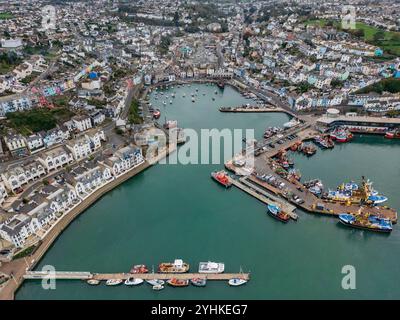 Aerial view of Brixham Harbor on the south coast of Devon in the ...