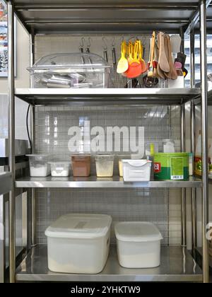 Food ingredients organized on a shelf on modern kitchen countertop ...