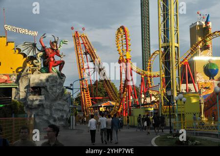 Boomerang roller coaster and Prater Tower in Wurstelprater, an ...