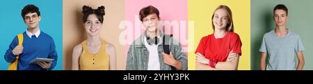 Teenagers on different colors backgrounds. Collection of portraits ...