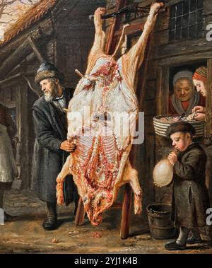The Slaughtered Hog by Jan Victors. A dead, killed pig, strung up and ...
