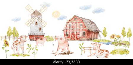 Farm Scene Clip Art, Watercolor Set, Farm Field Clipart, Watercolor ...