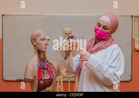 A Muslim female teacher uses the human body model to explain anatomy in ...