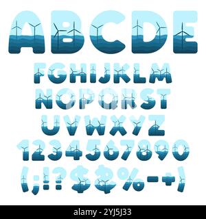 Font, alphabet with waves and windmills, wind turbines. Isolated vector ...