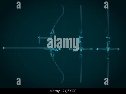 Stylized vector illustration of blueprints of target recurve bow kit ...