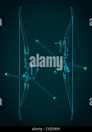 Stylized vector illustration of blueprints of target recurve bow kit ...
