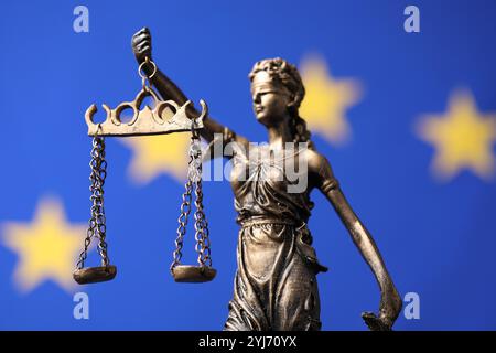 Figure of Lady Justice against European Union flag, closeup Stock Photo ...
