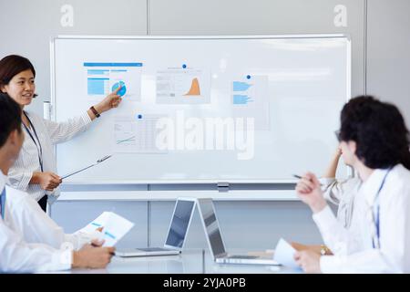 Employees discussing with a woman giving a presentation Stock Photo - Alamy