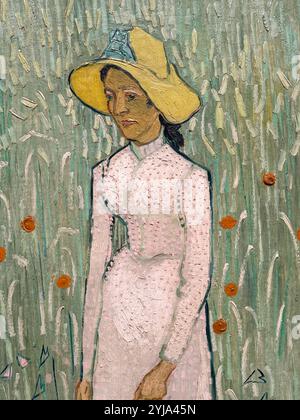 Detail of yellow hat, sad face in the portrait, Girl in White, by ...