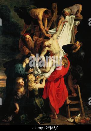 The Descent from the Cross; the central panel of a triptych painting by Peter Paul Rubens (1577 ...