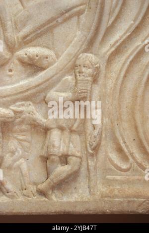 Roman sarcophagus. Detail of relief. Farming sheep. Milking. Capitoline ...