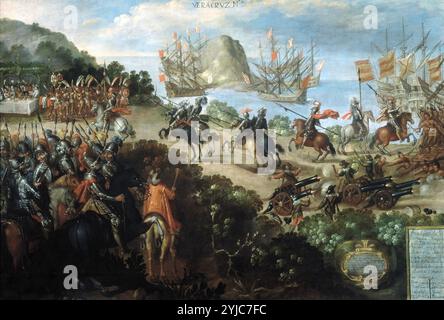 Spanish school. Conquest of Mexico : Arrival of Ships and Hernan Cortes ...