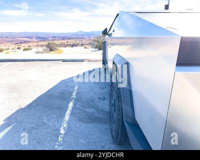 Tesla Cybertruck at San Bench View Area with Desert Backdrop Stock ...