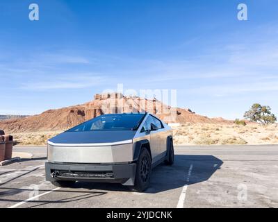 Tesla Cybertruck at San Bench View Area with Desert Backdrop Stock ...