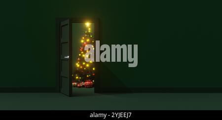 Christmas Tree Illuminated Behind Open Door. 3d render Stock Photo - Alamy