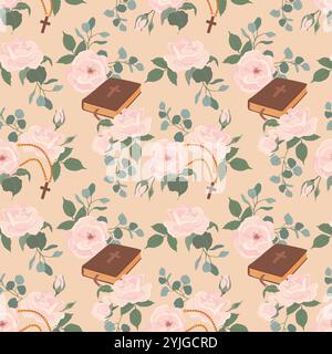 Vector background of first communion symbols. Bible, rosary, white ...